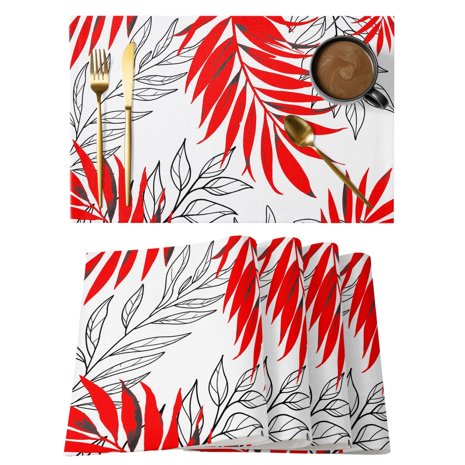 Abstract Art Red Leaves Cotton Linen Placemats Set of 8, Watercolor ...