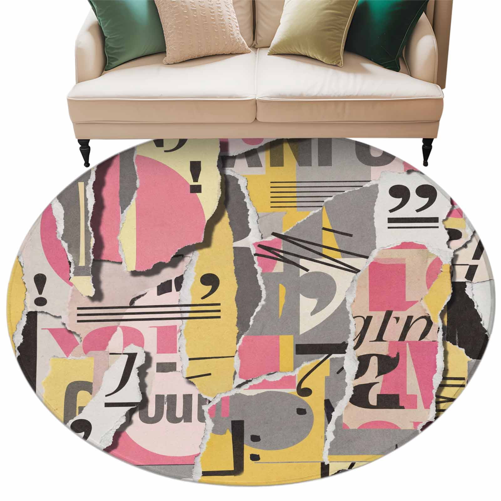 Abstract Art Round Area Rugs Collection 7', Pink Yellow Collage Art ...