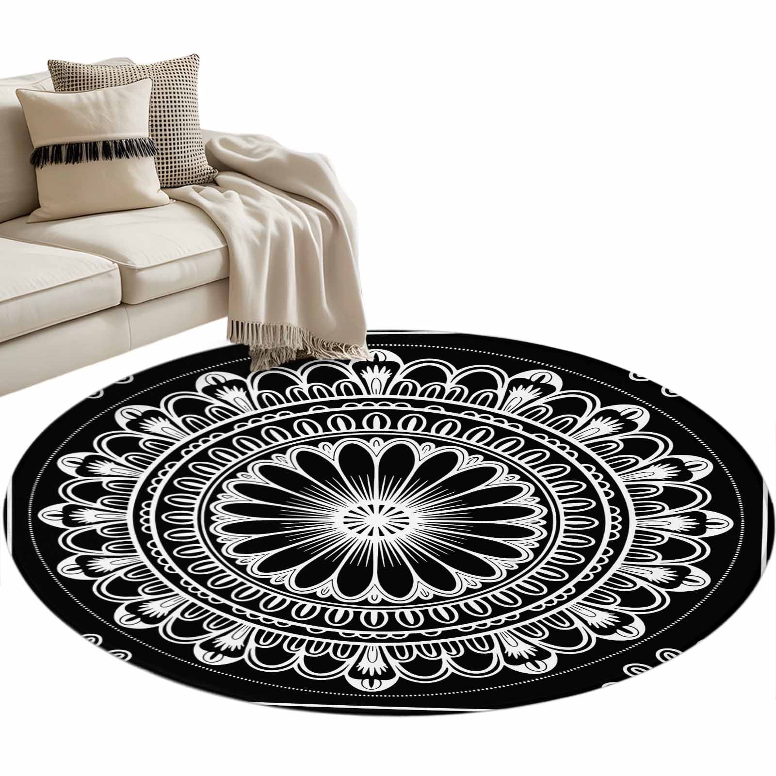 Abstract Art Round Area Rug 3.3ft Black Ethnic Simple Line Theme Non ...