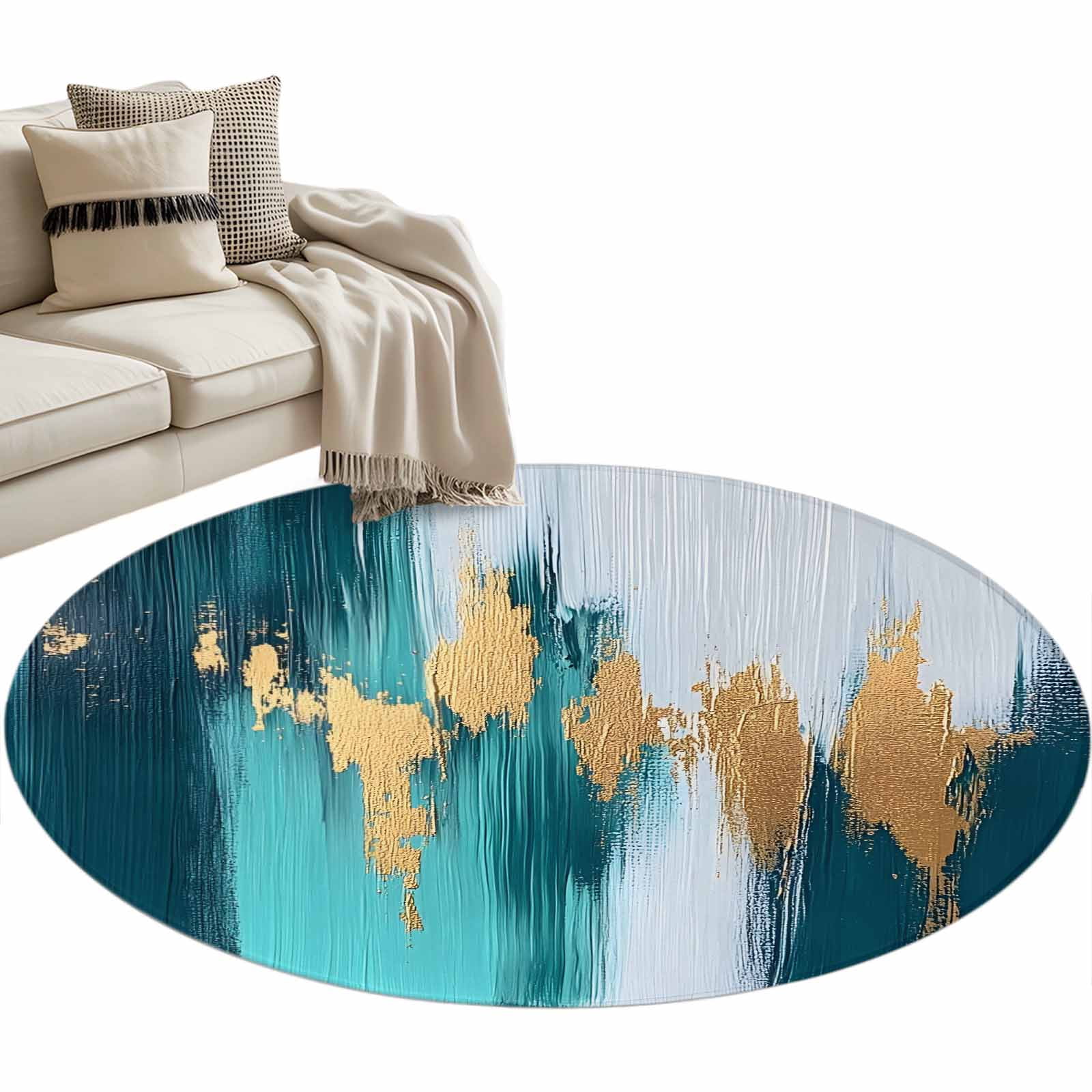 Abstract Art Round Area Rug 3.3ft Green Gold Mottled Texture Oil ...