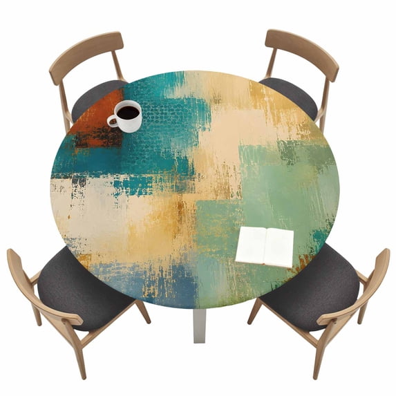 Abstract Art Round Fitted Table Cover Turquoise Blue Beige Textured ...