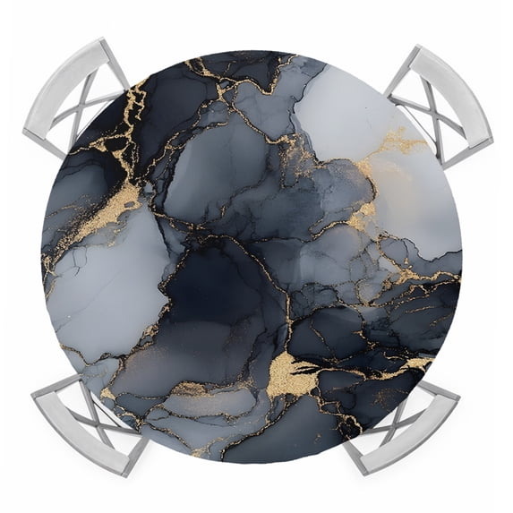 Abstract Art Round Fitted Tablecloth with Elastic Edge, Black Gold ...
