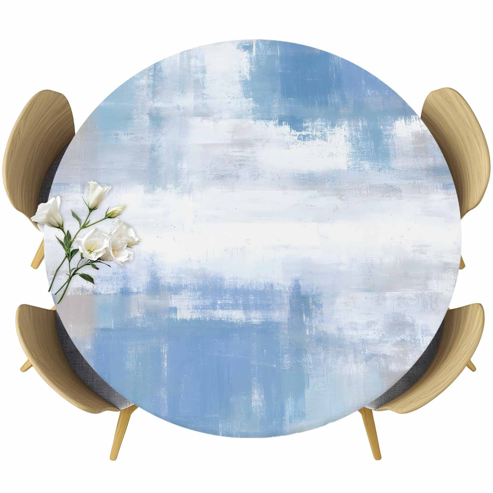 Abstract Art Round Fitted Tablecloth with Elastic Edge, Blue White ...