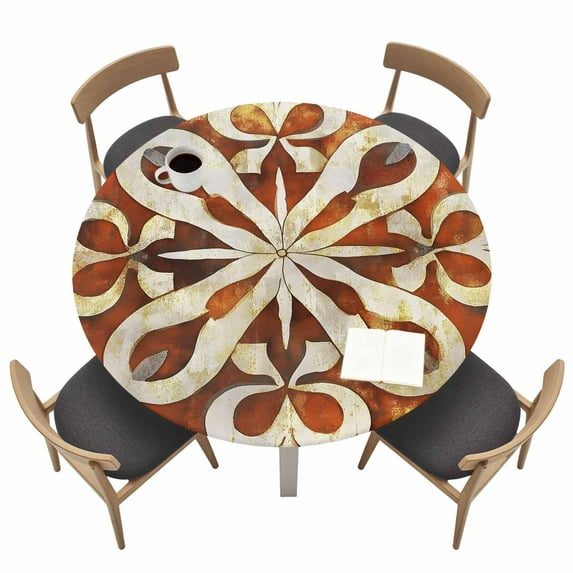 Abstract Art Round Fitted Tablecloth with Elastic Edge Bohemia Orange ...
