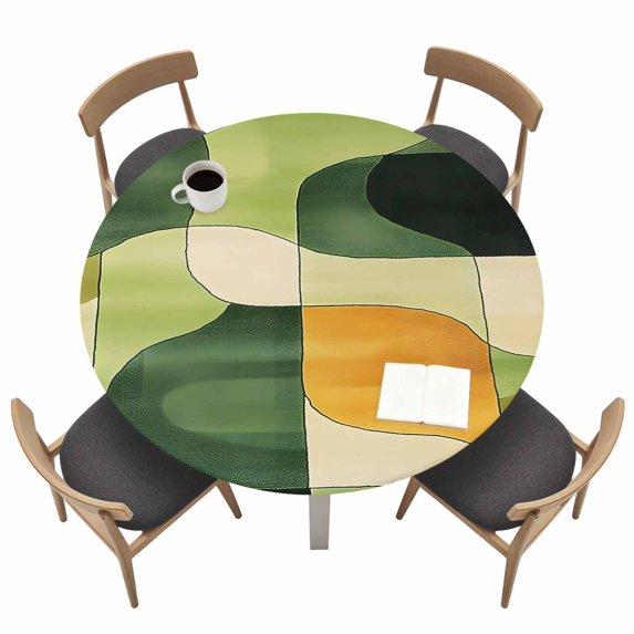 Abstract Art Round Fitted Tablecloth with Elastic Edge Green Geometric ...