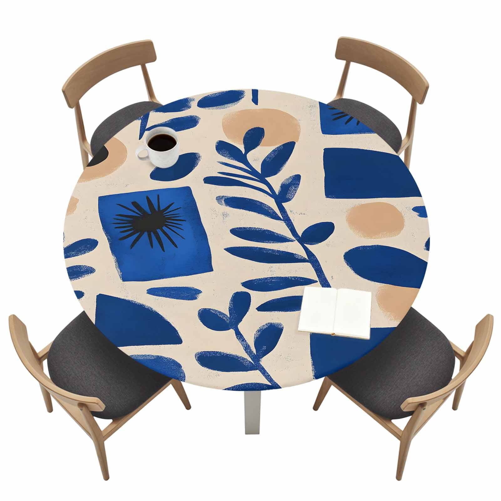 Abstract Art Round Fitted Tablecloth with Elastic Edge Modernism Blue ...