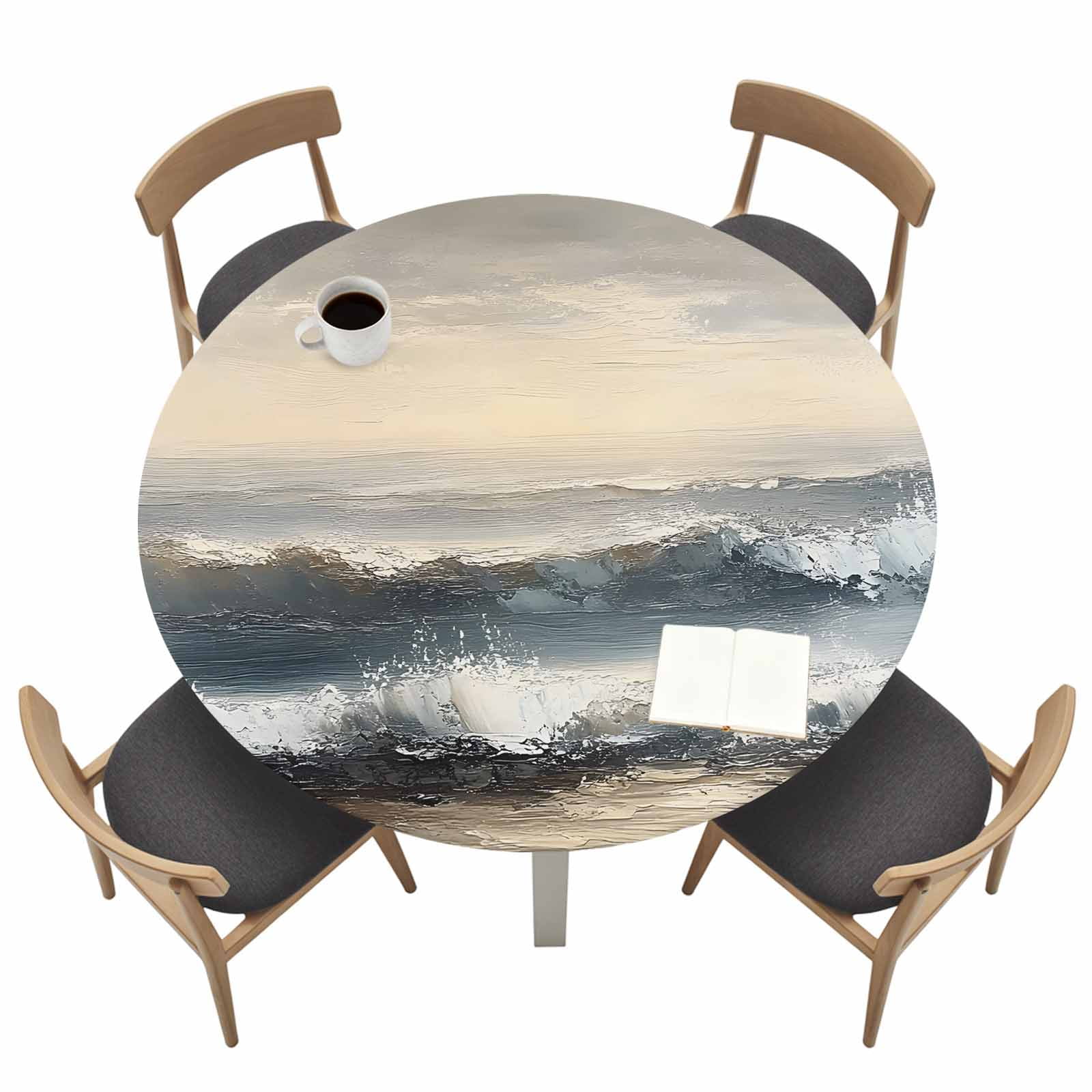 Abstract Art Round Fitted Tablecloth with Elastic Edge Modernism Ocean ...