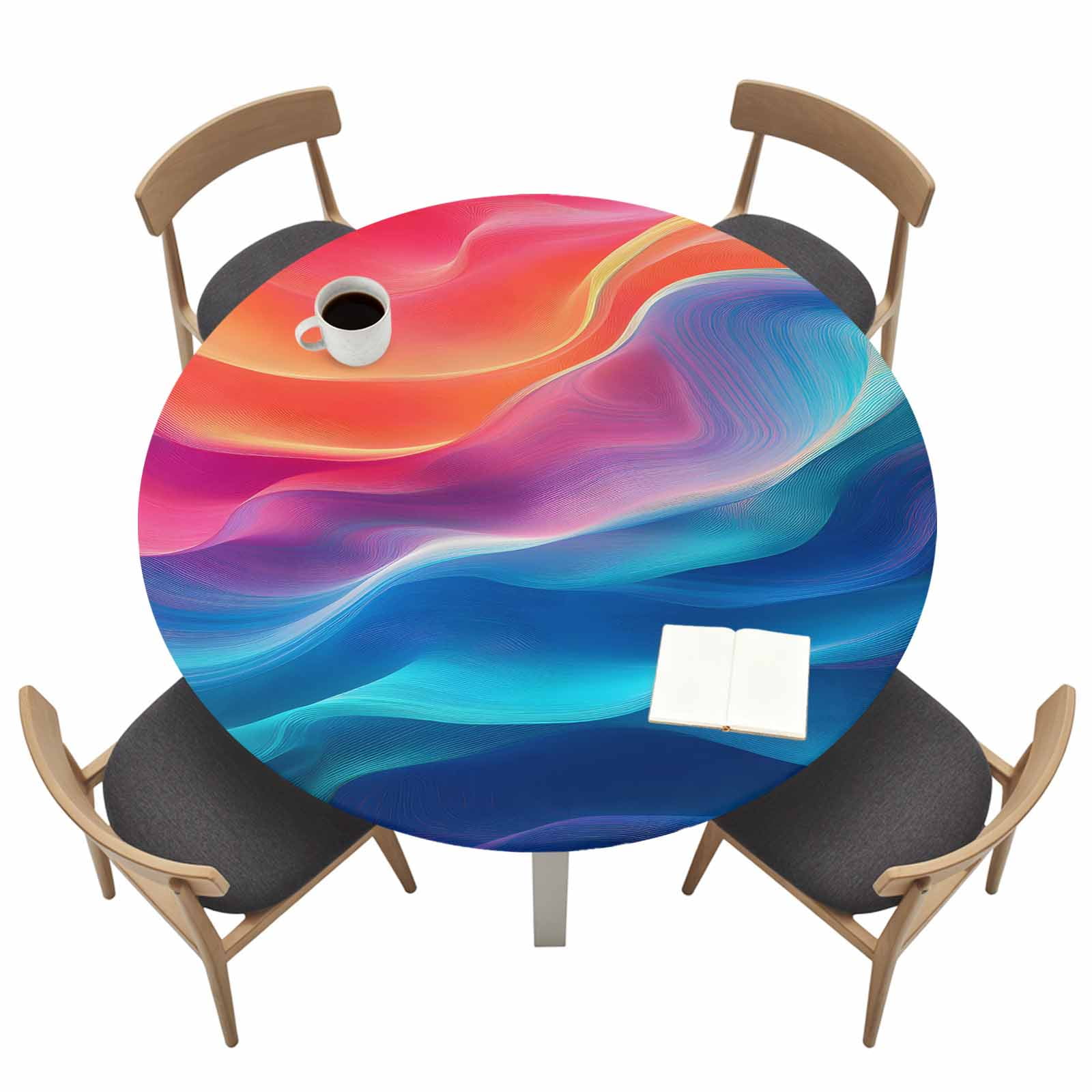 Abstract Art Round Fitted Tablecloth with Elastic Edge Modernism Yellow ...