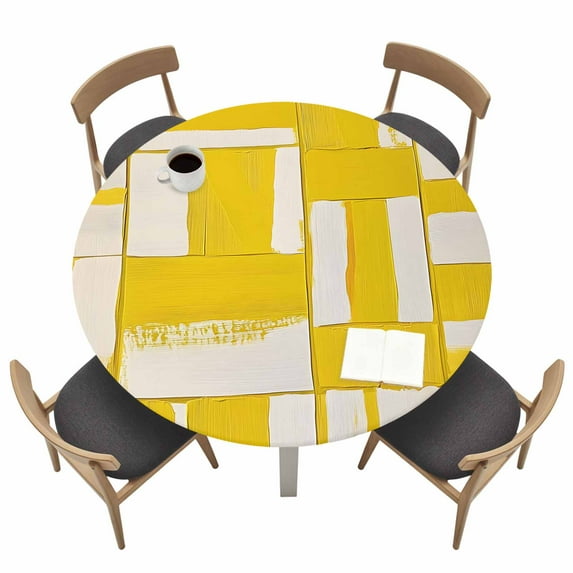 Abstract Art Round Fitted Tablecloth with Elastic Edge Modernism Yellow ...