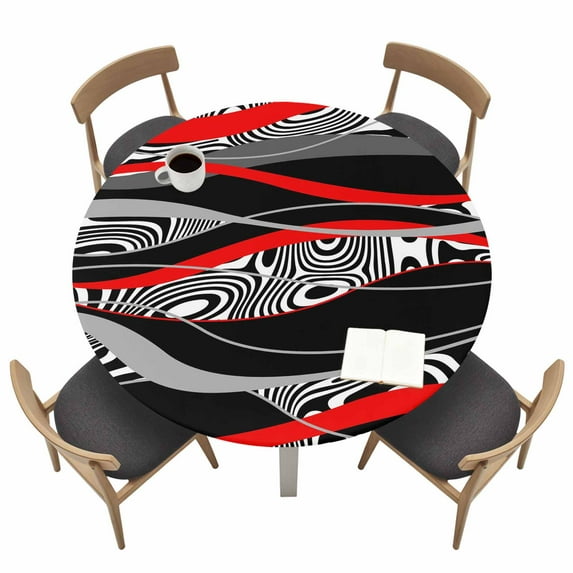 Abstract Art Round Fitted Tablecloth with Elastic Edge Red Black Gray ...