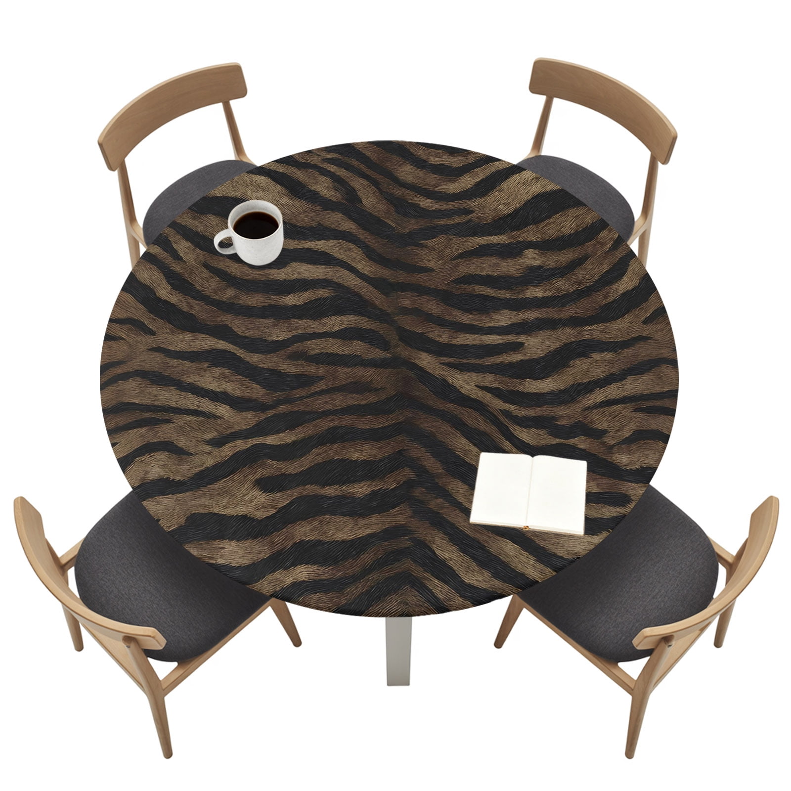 Abstract Art Round Fitted Tablecloth with Elastic Edged, Modern Brown ...