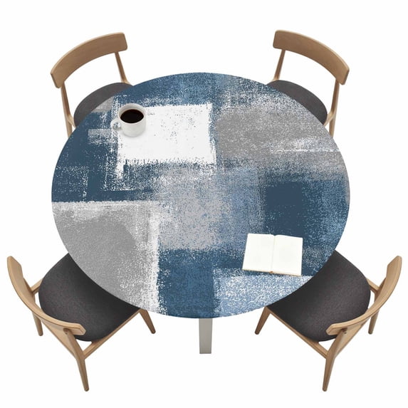 Abstract Art Round Fitted Tablecloth Navy Grey Smear Texture Graffiti ...