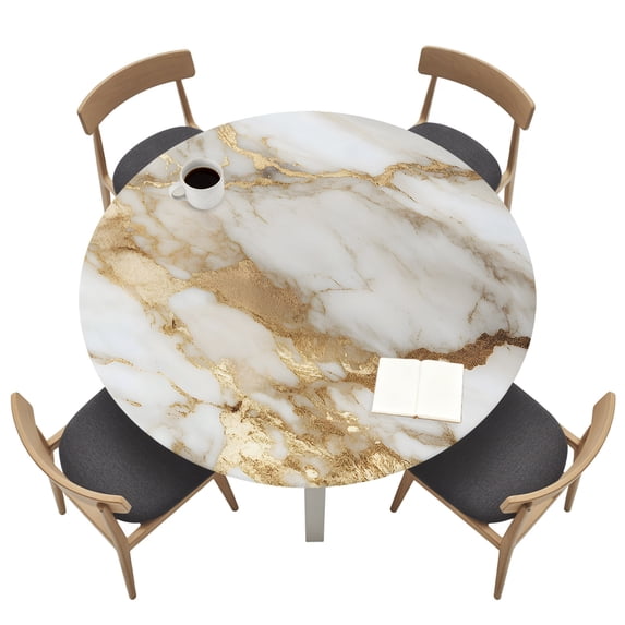 Abstract Art Round Fitted Tablecloth White Marble Pattern Gold Crack ...