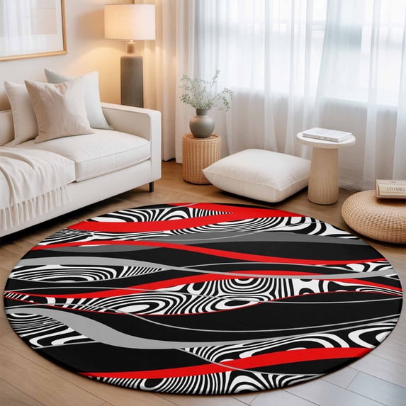 Abstract Art Round Living Room Rugs 3.3 ft, Red Black Gray Lines ...