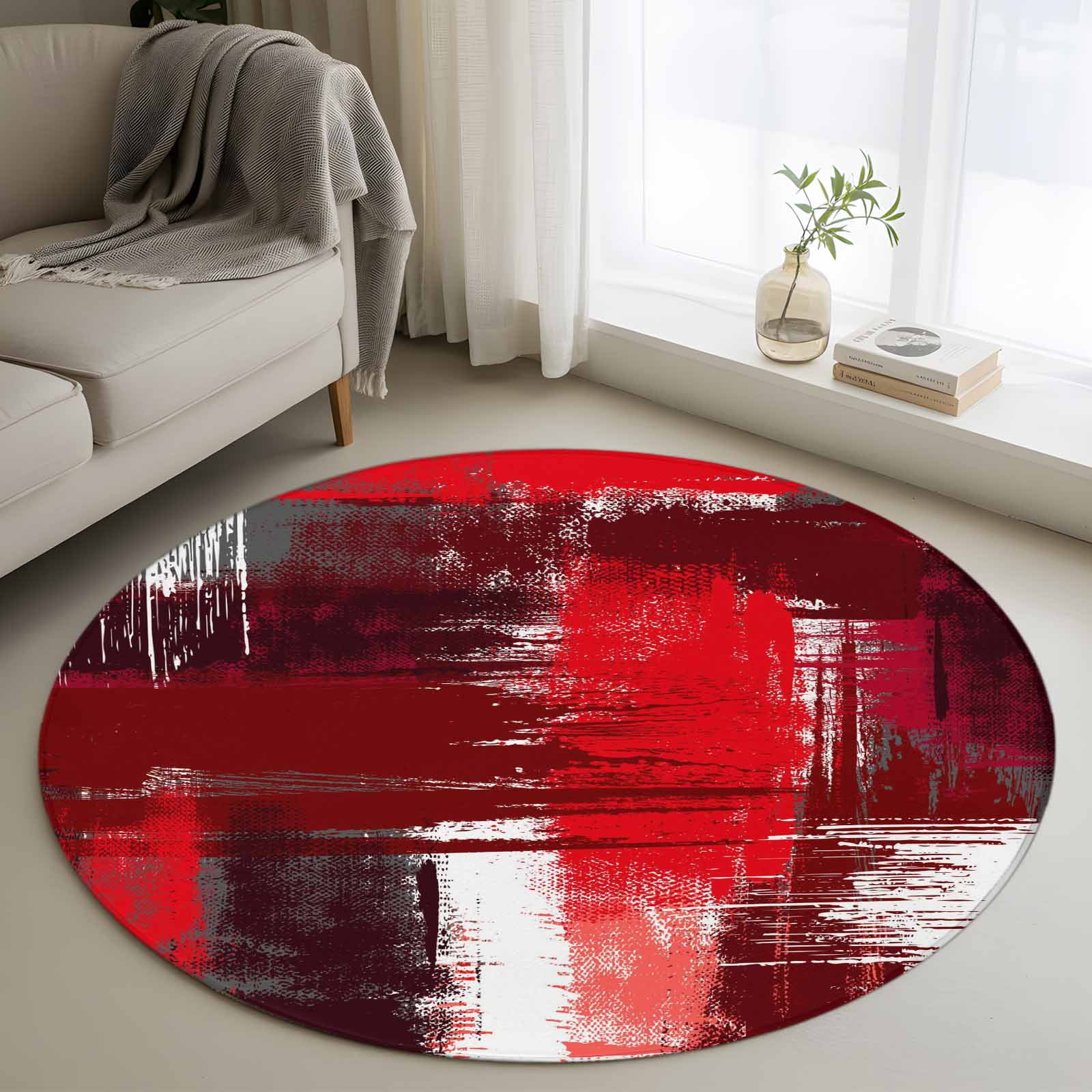 Abstract Art Round Living Room Rugs 4 ft, Vintage Red Gray Mottled ...