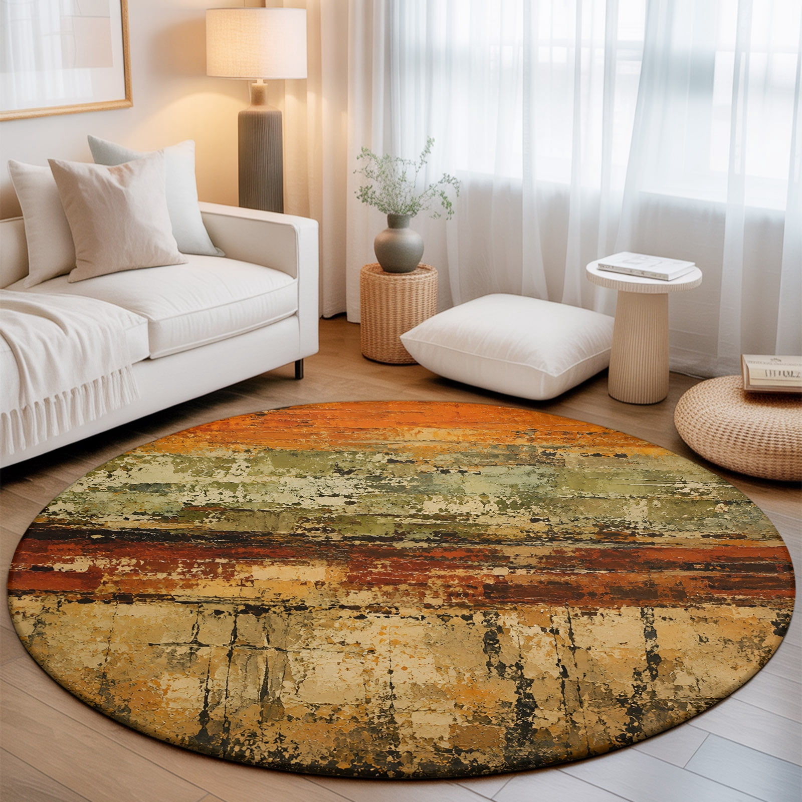 Abstract Art Round Living Room Rugs 5 ft, Terracotta Orange Textured ...
