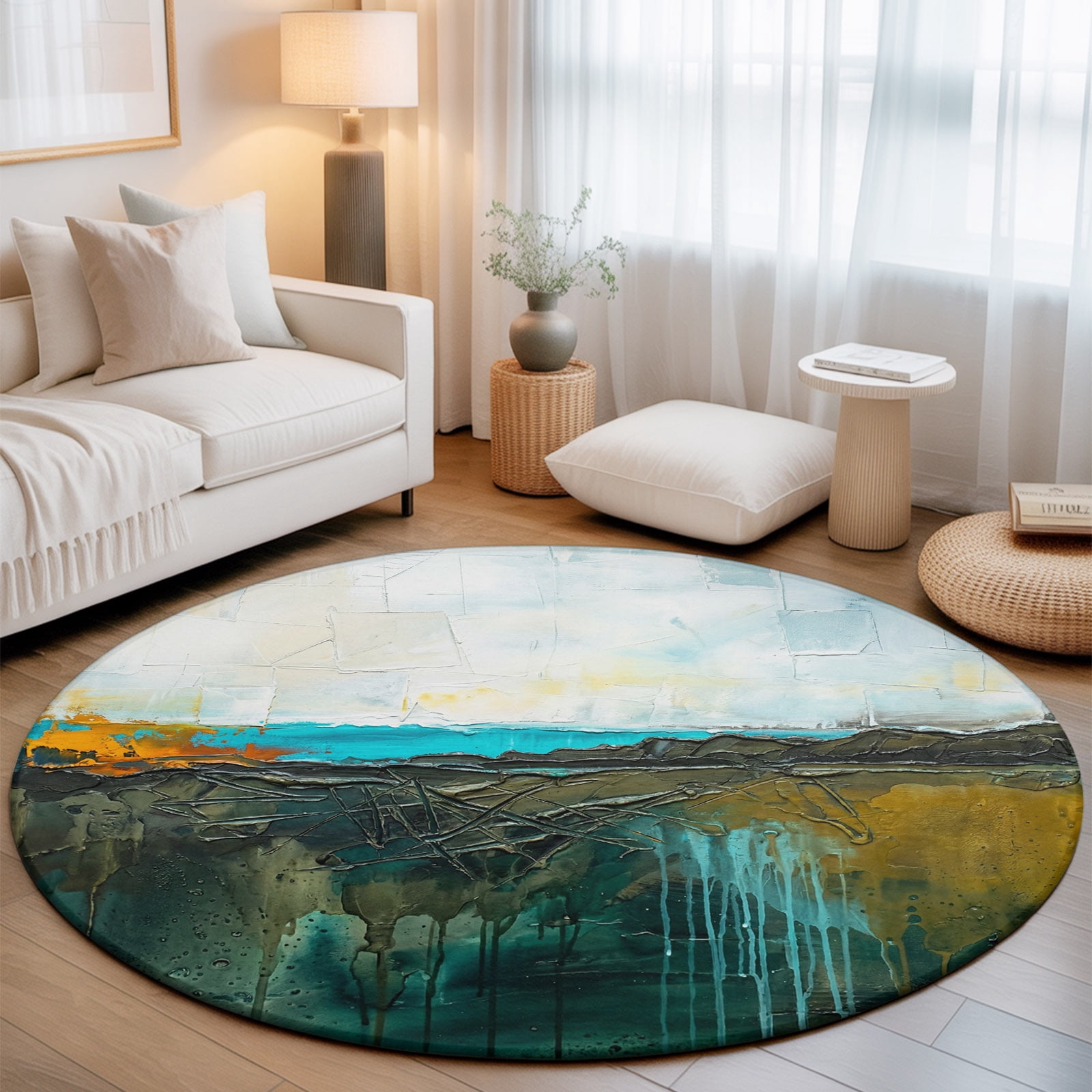 Abstract Art Round Living Room Rugs 7 ft, Blue Gray Textured Landscape ...