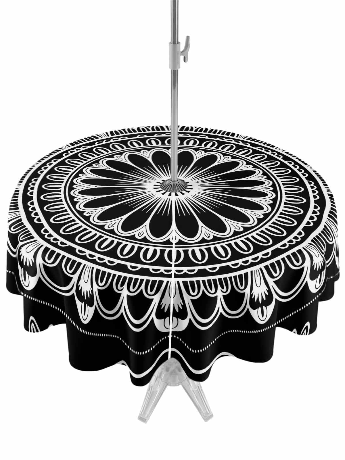 Abstract Art Round Outdoor Tablecloth with Umbrella Hole Black Ethnic ...