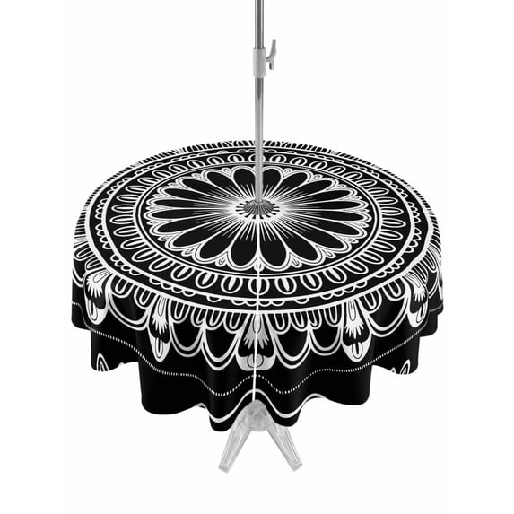Abstract Art Round Outdoor Tablecloth with Umbrella Hole Black Ethnic ...