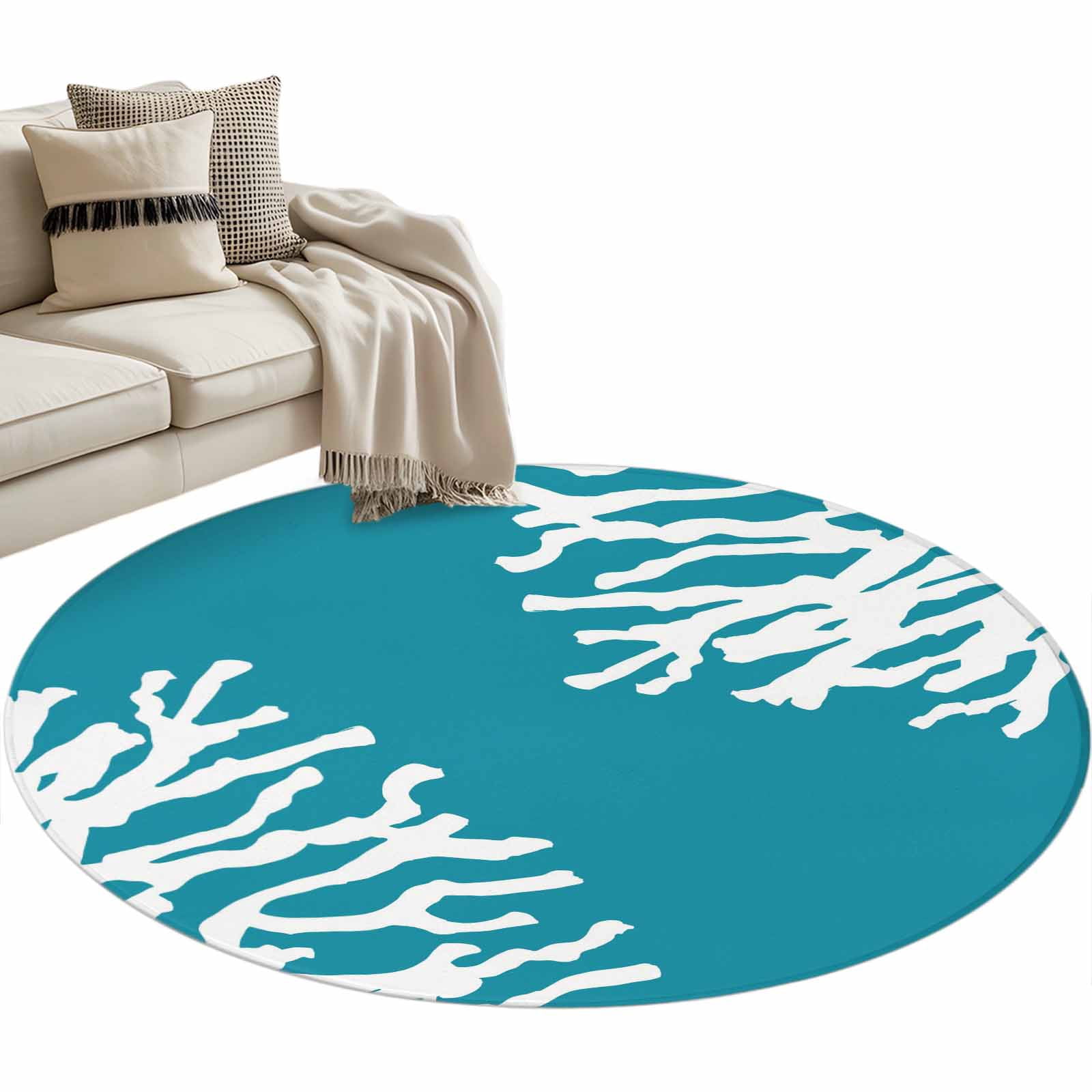 Abstract Art Round Rug 4Ft Coral Blue Background Modern Simple Ocean ...