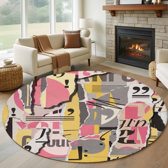 Abstract Art Round Rug 7ft Washable Circle Rugs Non Slip Pink Yellow ...