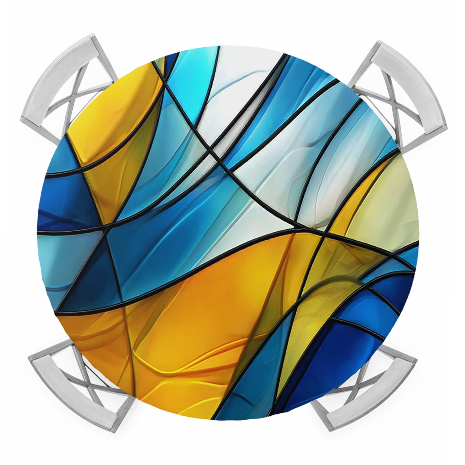 Abstract Art Round Table Cover, Blue Yellow Gradient Wavy Lines ...