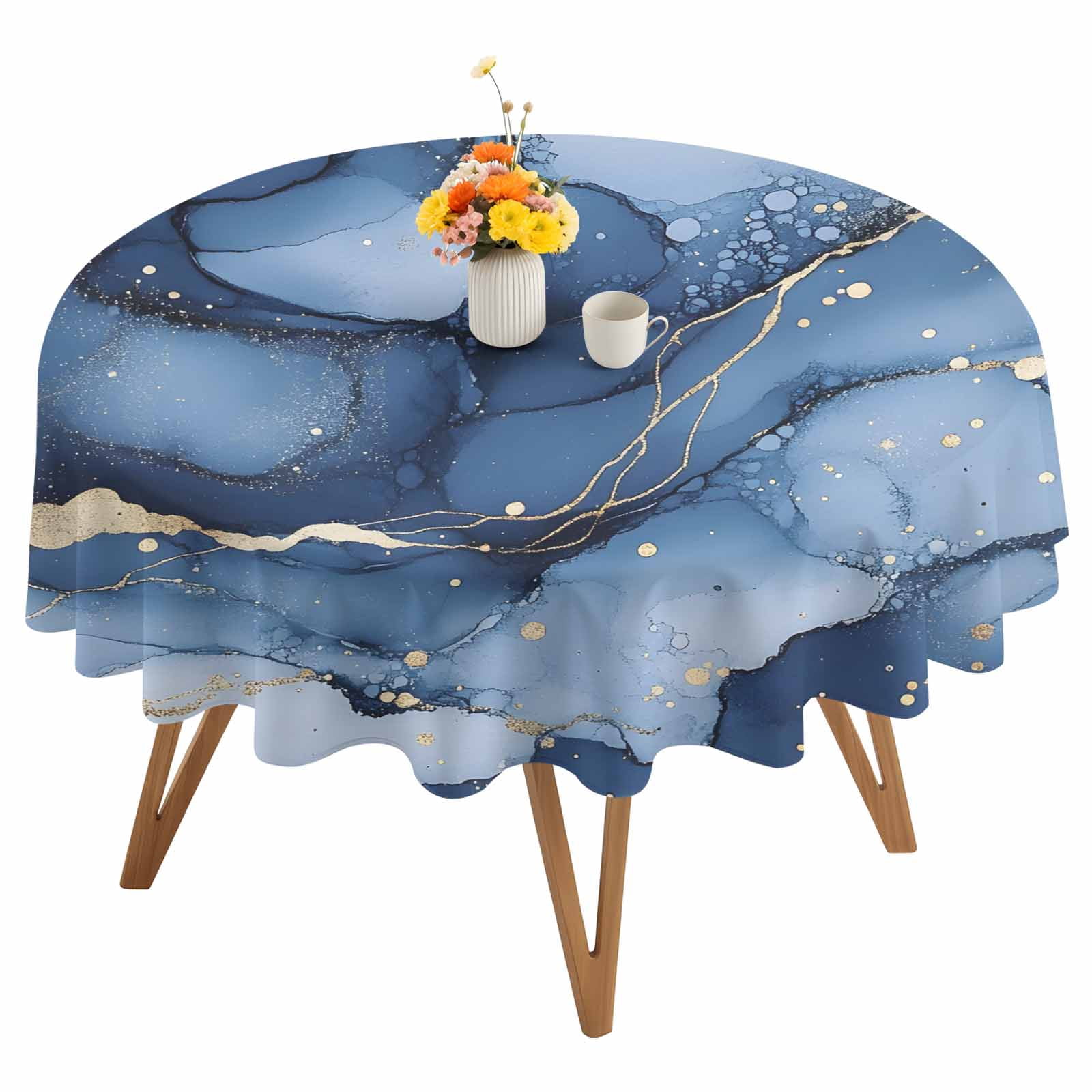 Abstract Art Round Tablecloth 60 inches Blue Gold Gradient Marble ...