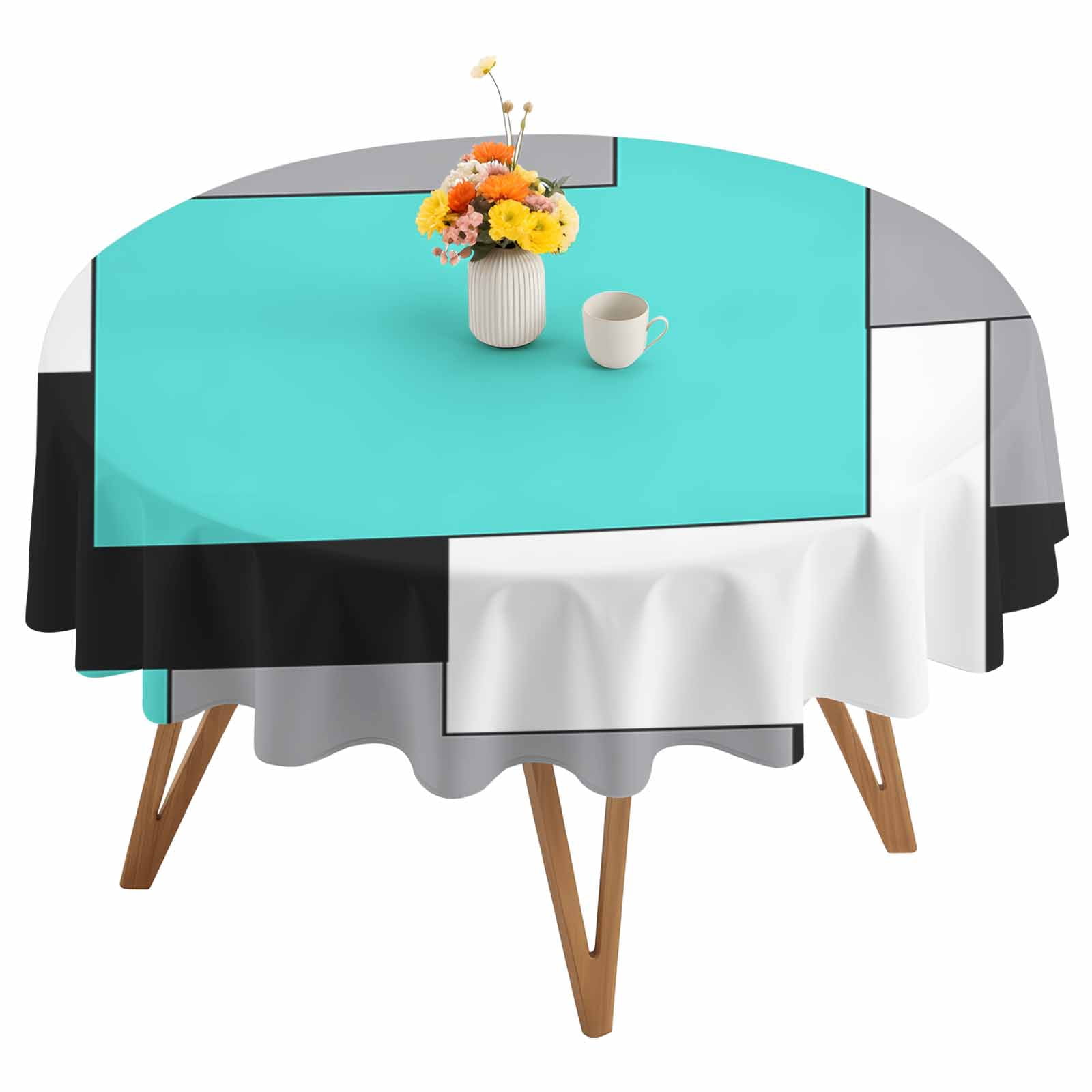 Abstract Art Round Tablecloth 60 inches Patchwork Black Kallaite and ...