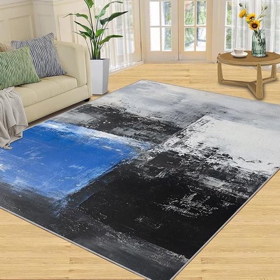 Abstract Art Rugs for Bedroom, Modern Geometric Area Rug, Blue Black ...