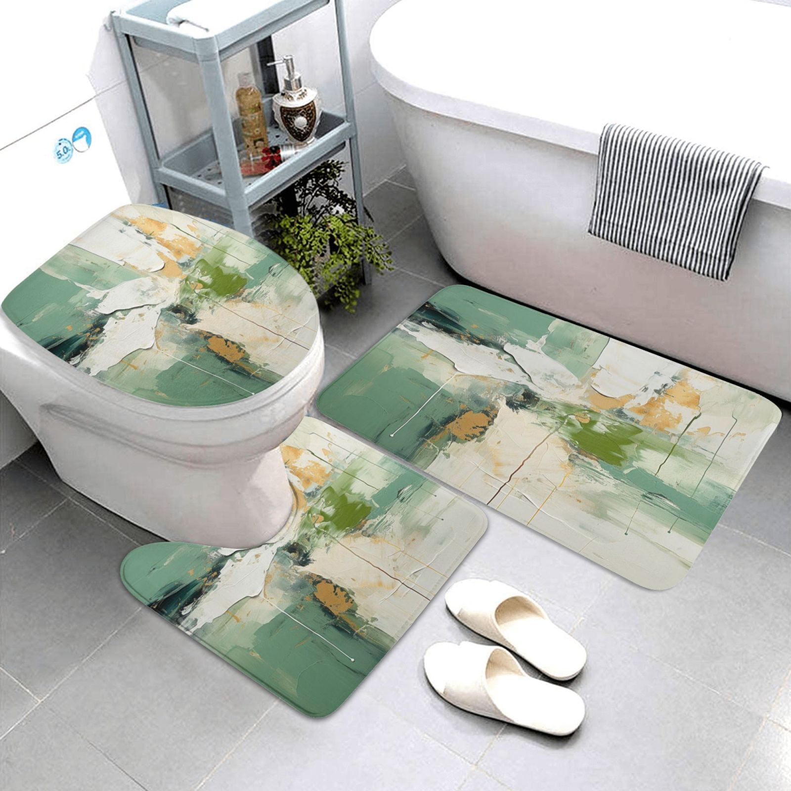 Abstract Art Sage Green Bath Mat Set 3 Piece Non Slip Rug Toilet Lid ...