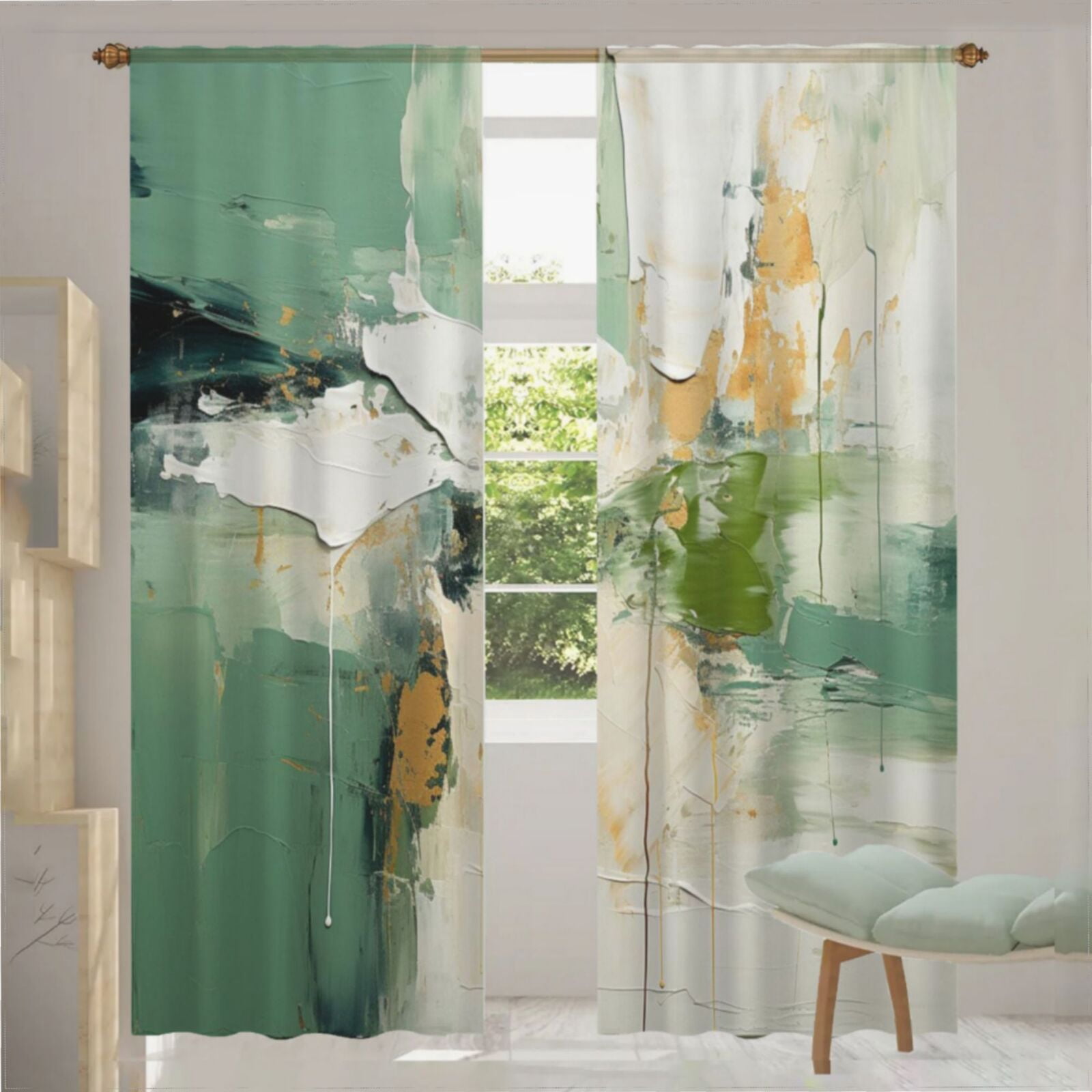 Abstract Art Sage Green Tulle Curtain for Living Room Bedroom Decor ...