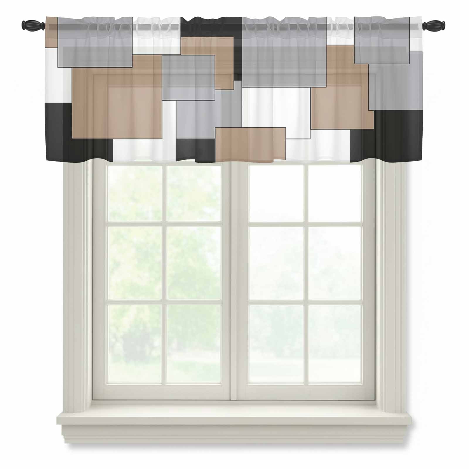 Abstract Art Semi Sheer Valance Curtains, Brown Black Gray Splice Voile ...
