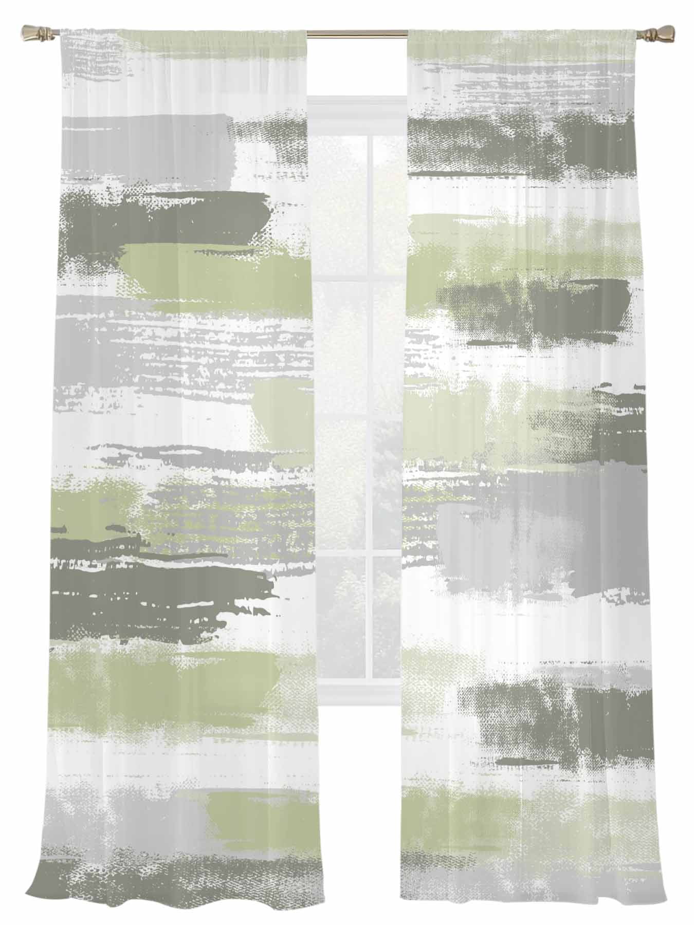 Abstract Art Sheer Curtains 108 Inch Long 2 Panels, Green Gray Mottled ...