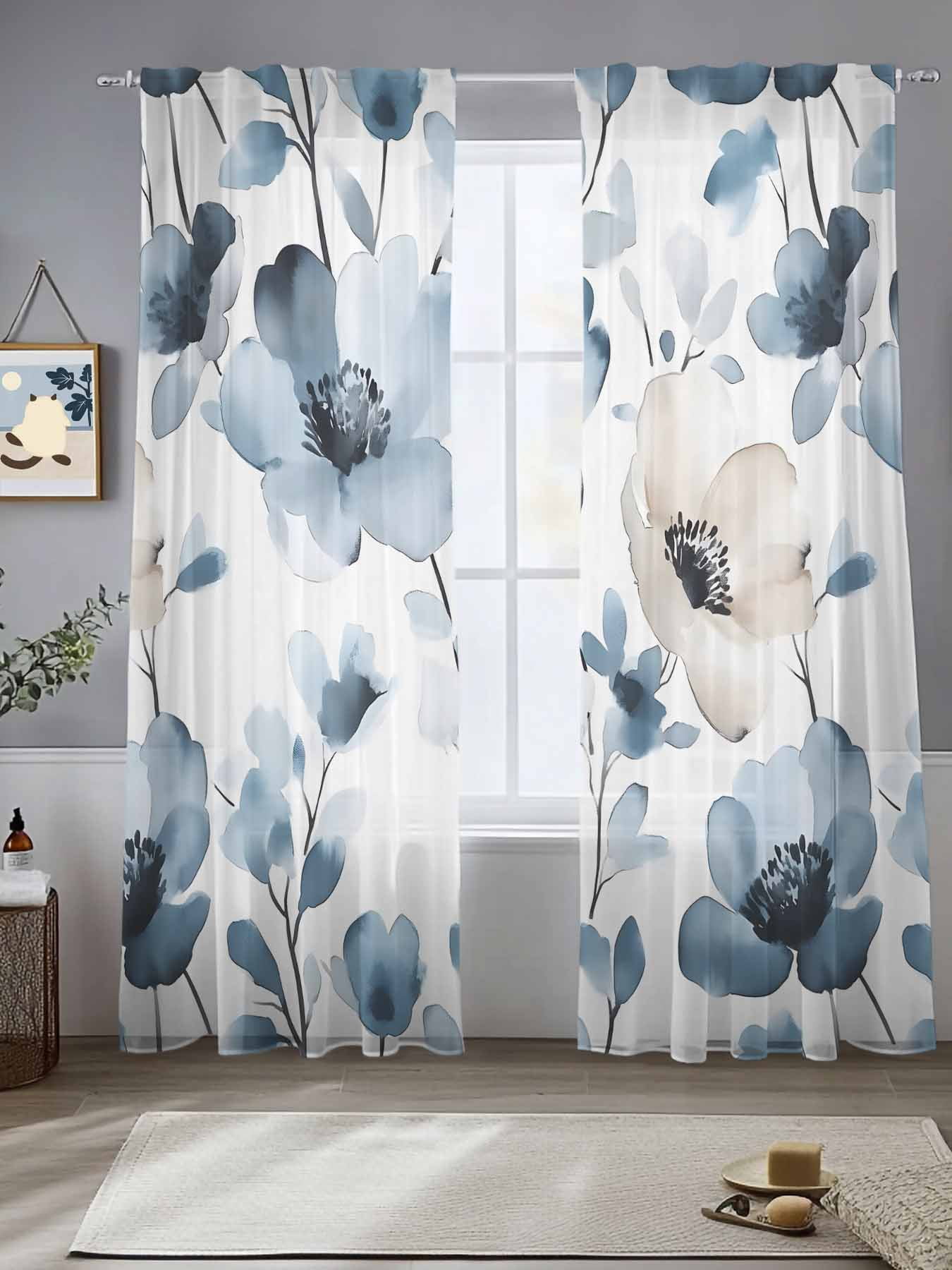 Abstract Art Sheer Curtains 108 Inches Long 2 Panels Blue Brown ...