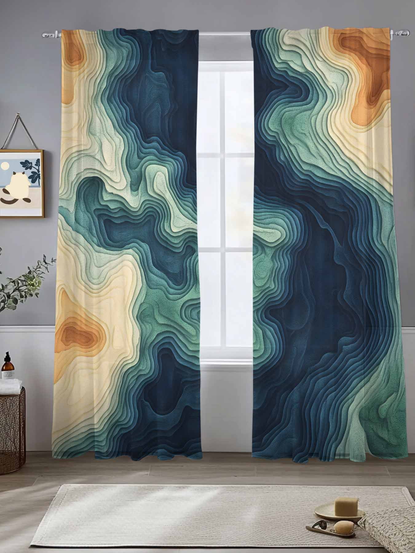 Abstract Art Sheer Curtains 108 Inches Long 2 Panels Blue Green Orange ...