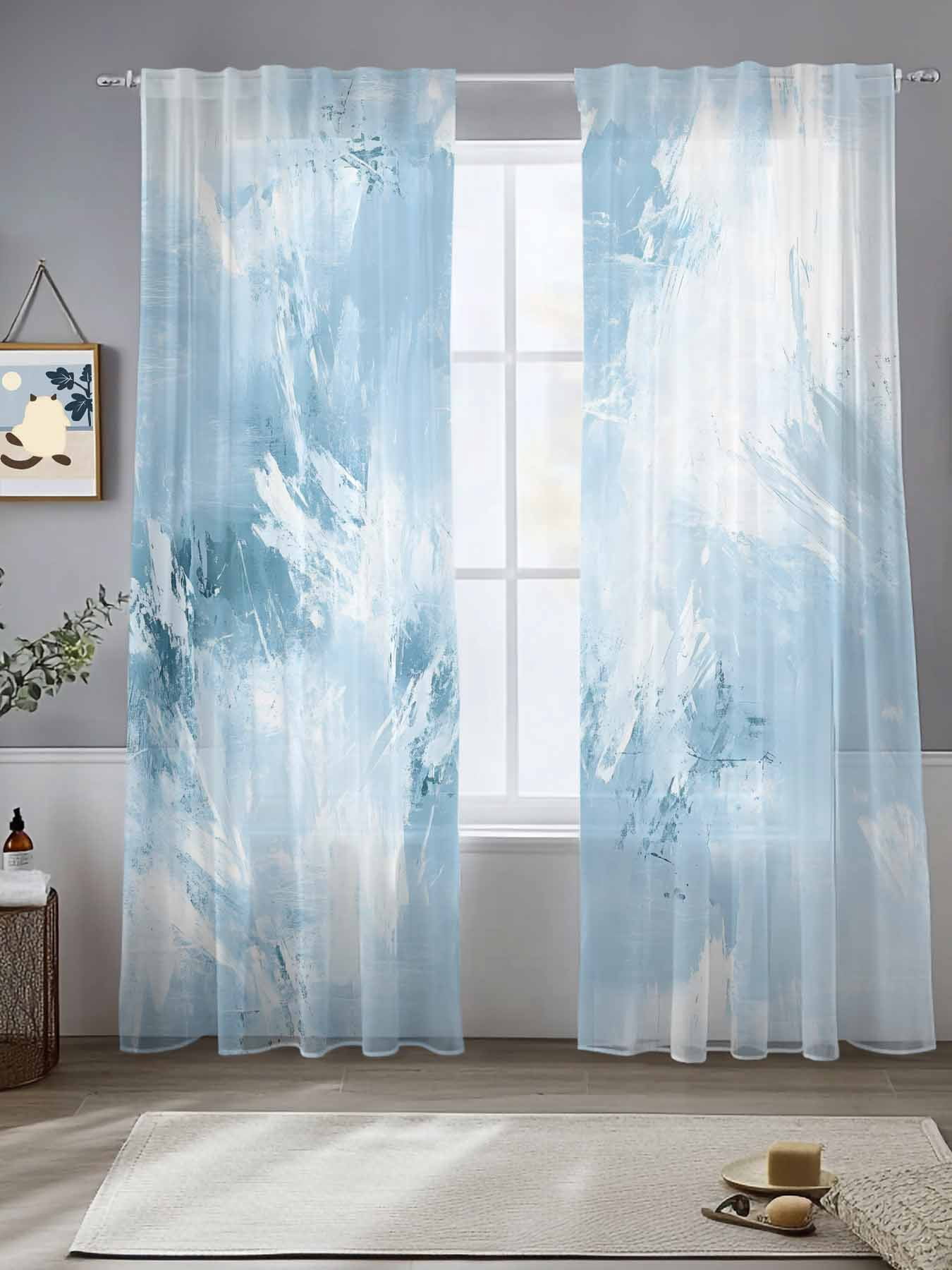 Abstract Art Sheer Curtains 108 Inches Long 2 Panels Light Blue White ...