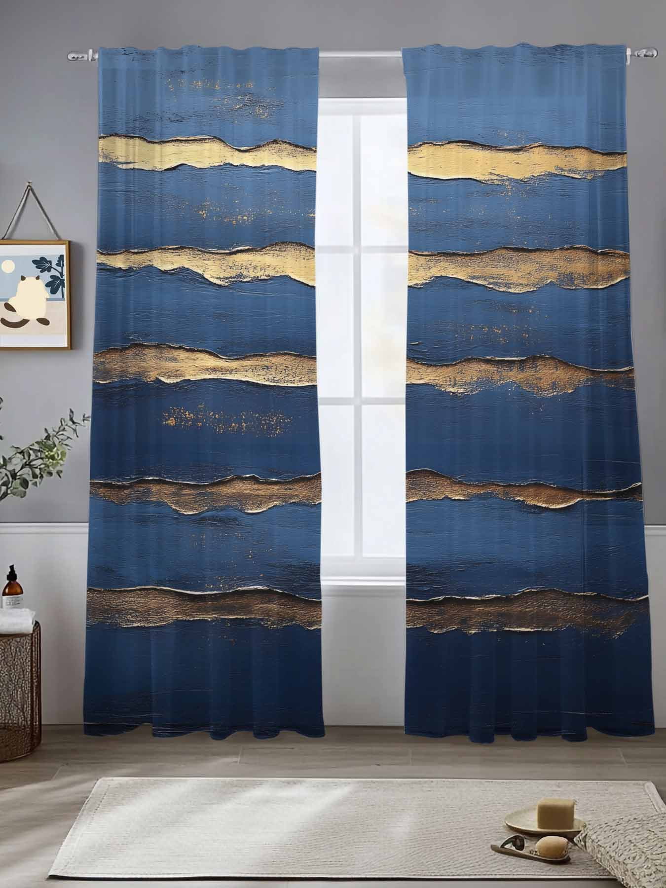 Abstract Art Sheer Curtains 108 Inches Long 2 Panels Modern Gold Blue ...