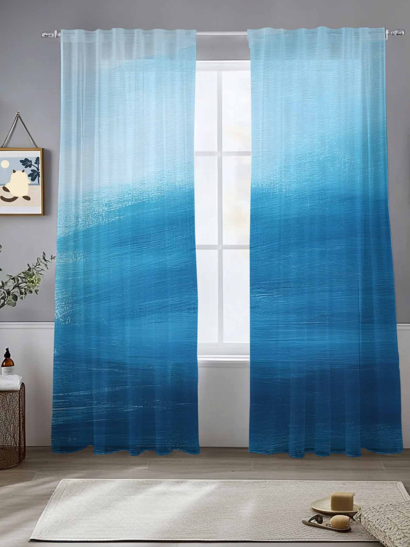Abstract Art Sheer Curtains 108 Inches Long 2 Panels Ocean Waves Sky Blue Gradient Sea Painting ...