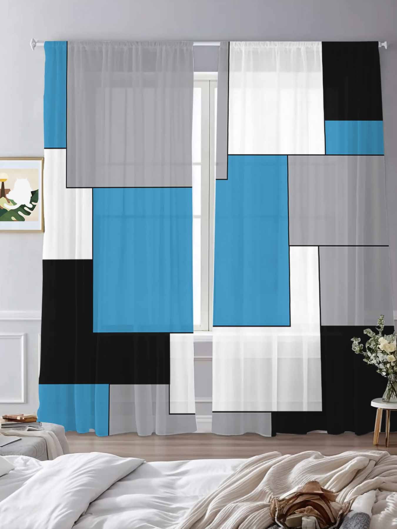 Abstract Art Sheer Curtains 108 inches Long 2 Panels Set Patchwork ...