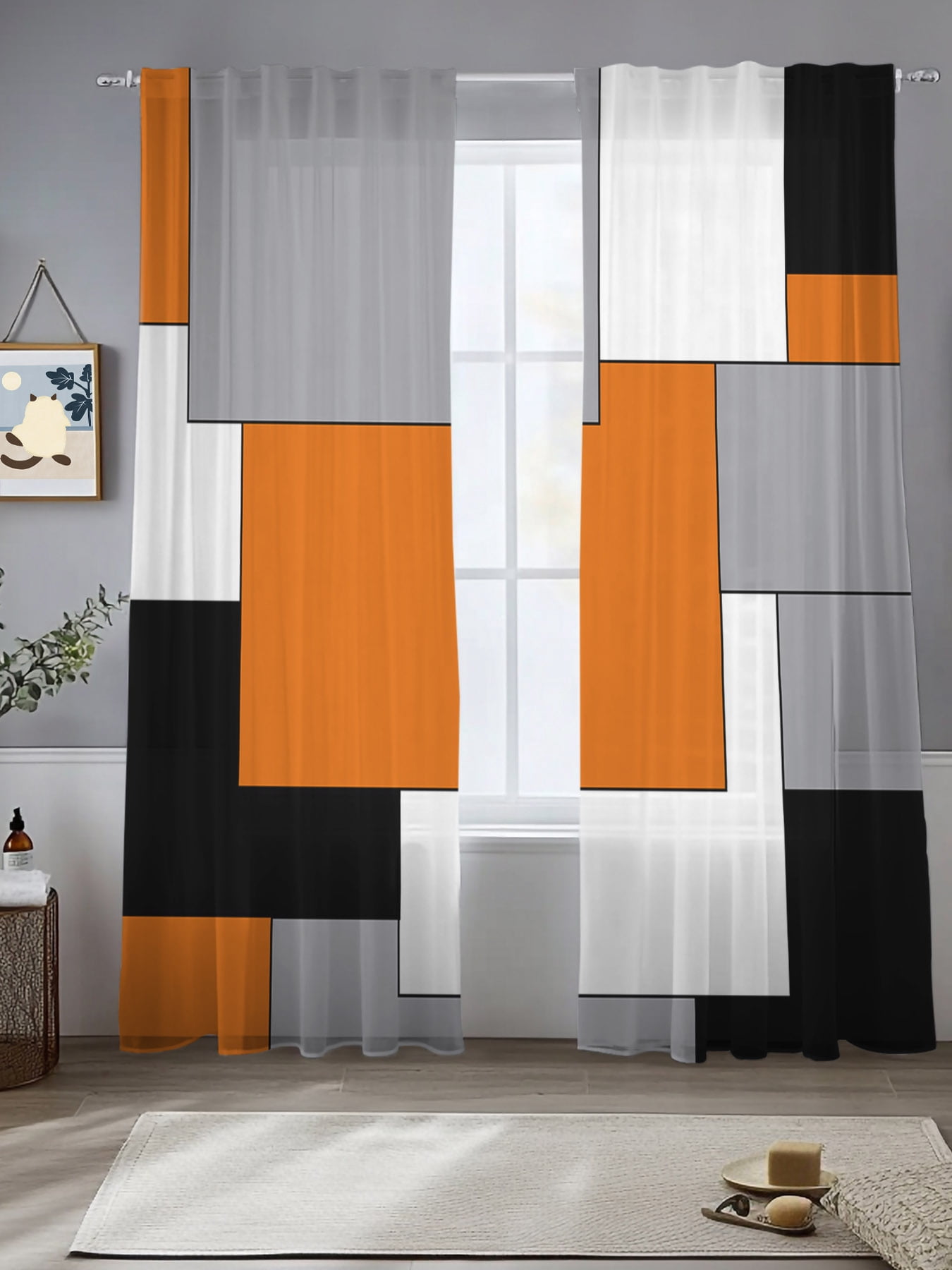 Abstract Art Sheer Curtains 108 inches Long, Orange Black Gray Splice ...
