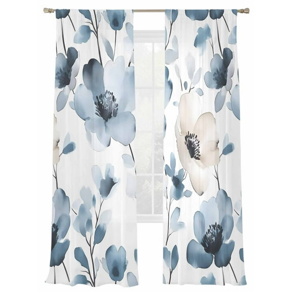 Abstract Art Sheer Curtains 2 Panels Set Blue Brown Watercolor Flowers ...