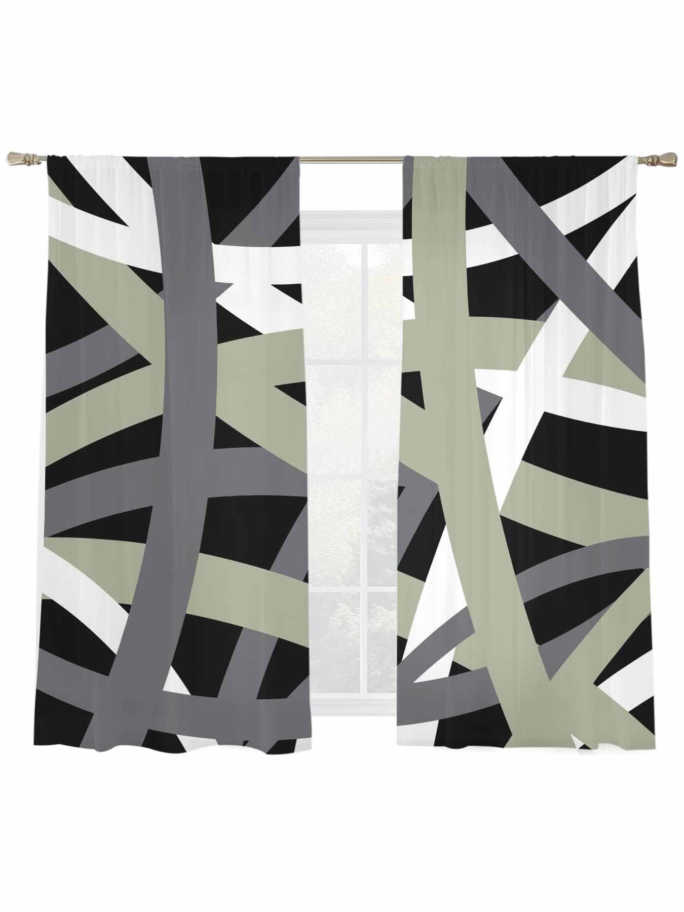Abstract Art Sheer Curtains 2 Panels Set Green White Black Gray Line ...