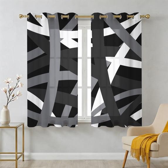 Abstract Art Sheer Curtains 39 Inch Long 2 Panels, White Black Gray ...