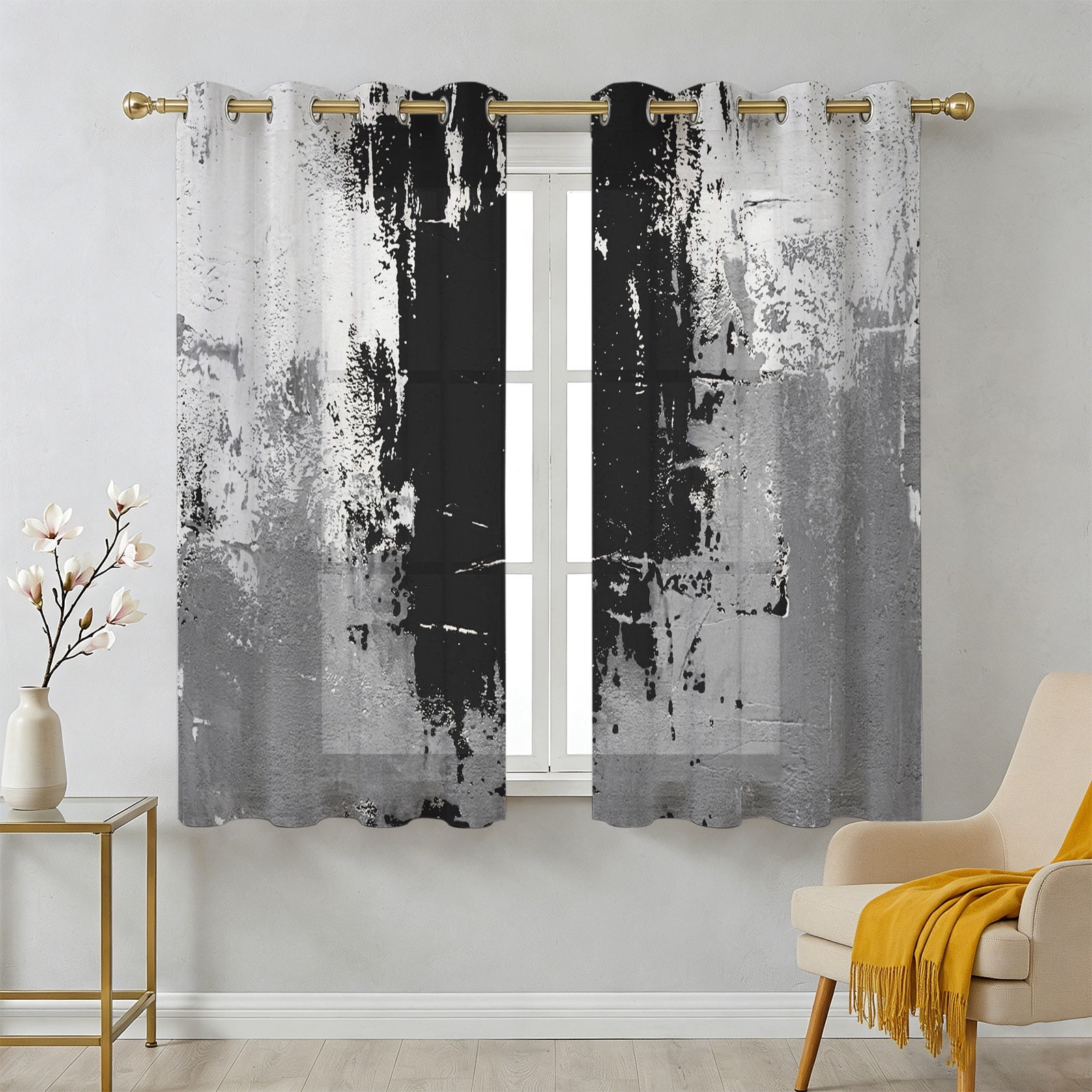 Abstract Art Sheer Curtains 45 Inch Long 2 Panels, Black Grey Wall ...