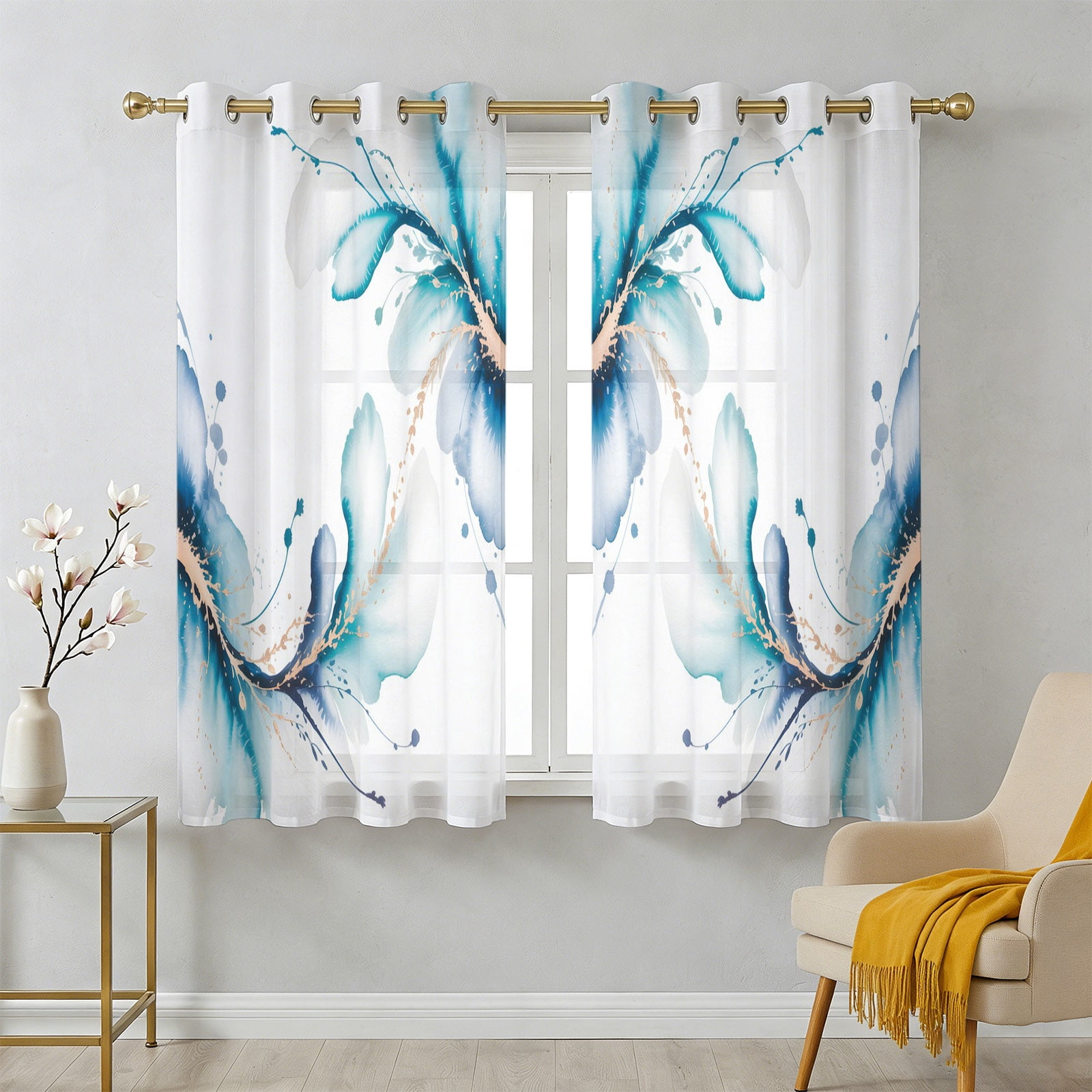 Abstract Art Sheer Curtains 45 Inch Long 2 Panels, Watercolor Blue ...