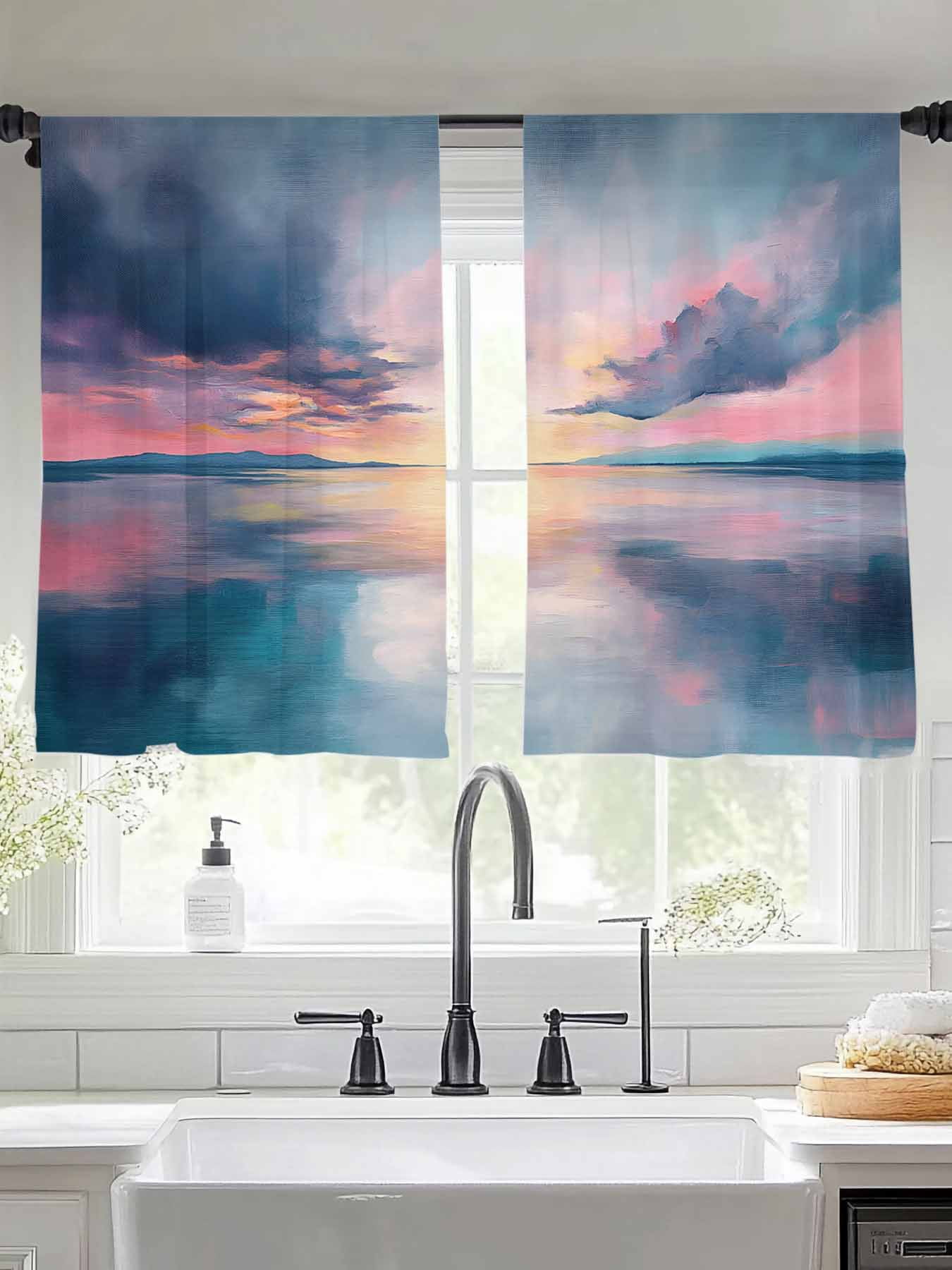 Abstract Art Sheer Curtains 45 Inches Long 2 Panels Impressionist Ocean ...
