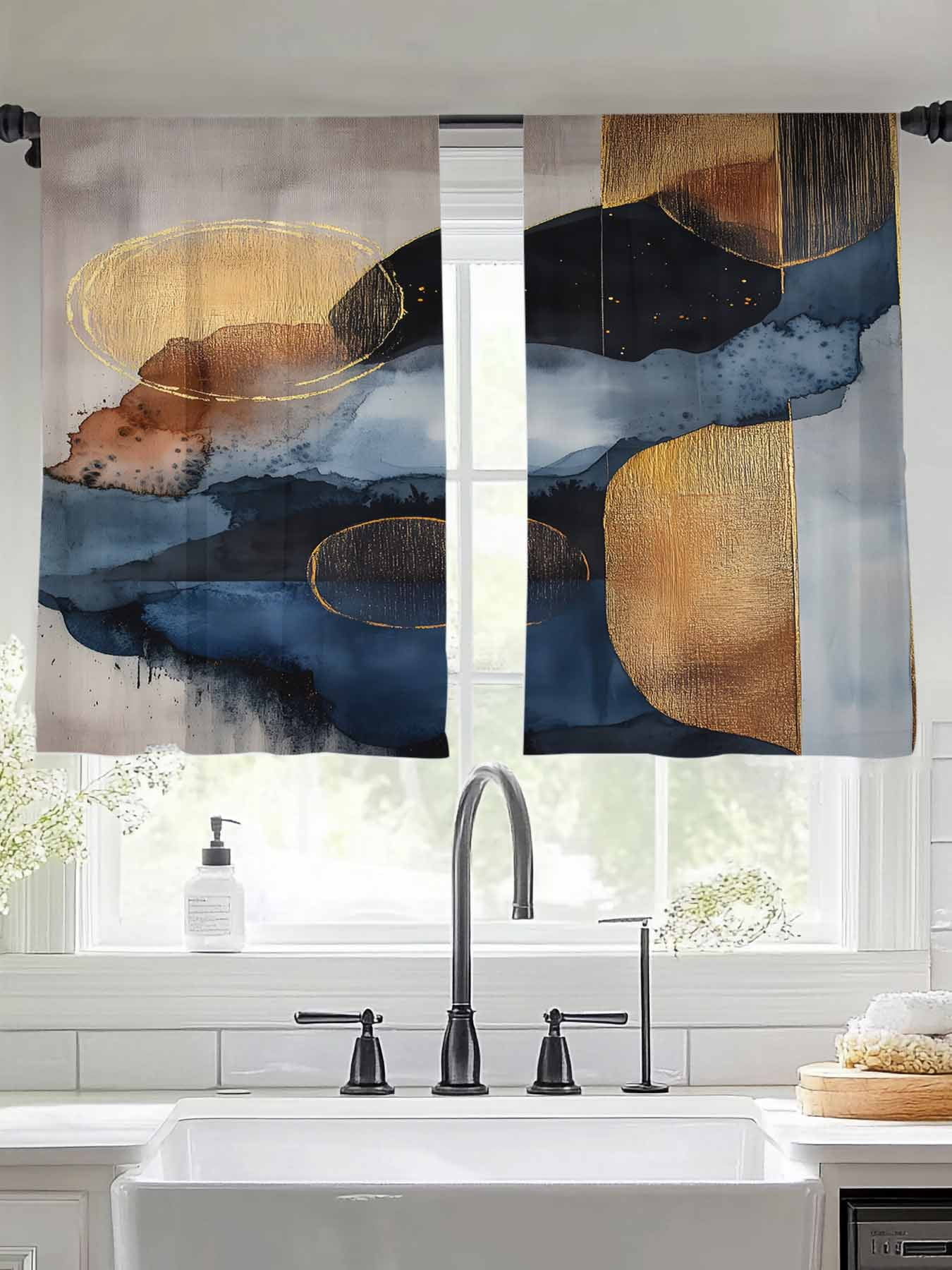 Abstract Art Sheer Curtains 45 Inches Long 2 Panels Simple Style Blue ...