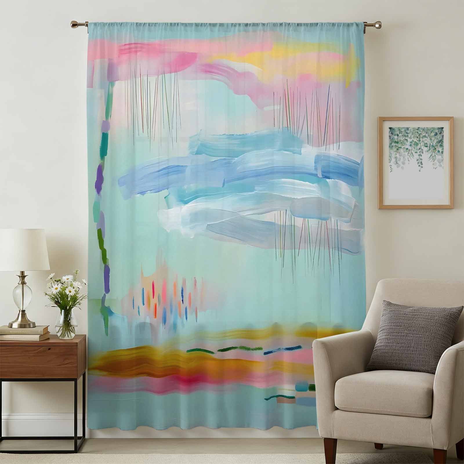 Abstract Art Sheer Curtains 45" Long for Bedroom, Pink Blue Green ...