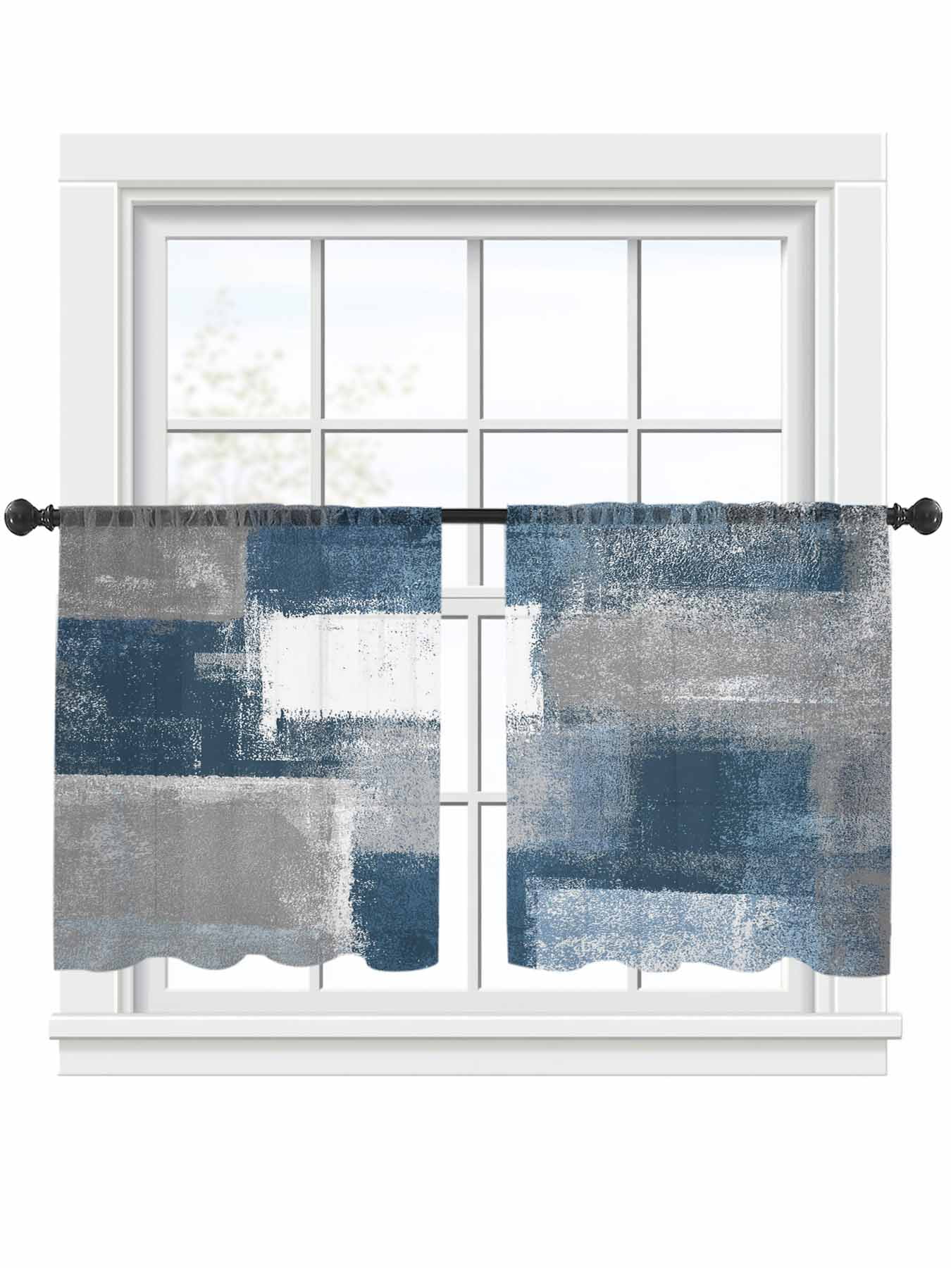Abstract Art Sheer Curtains 45 inches Long, Navy Grey Smear Texture ...