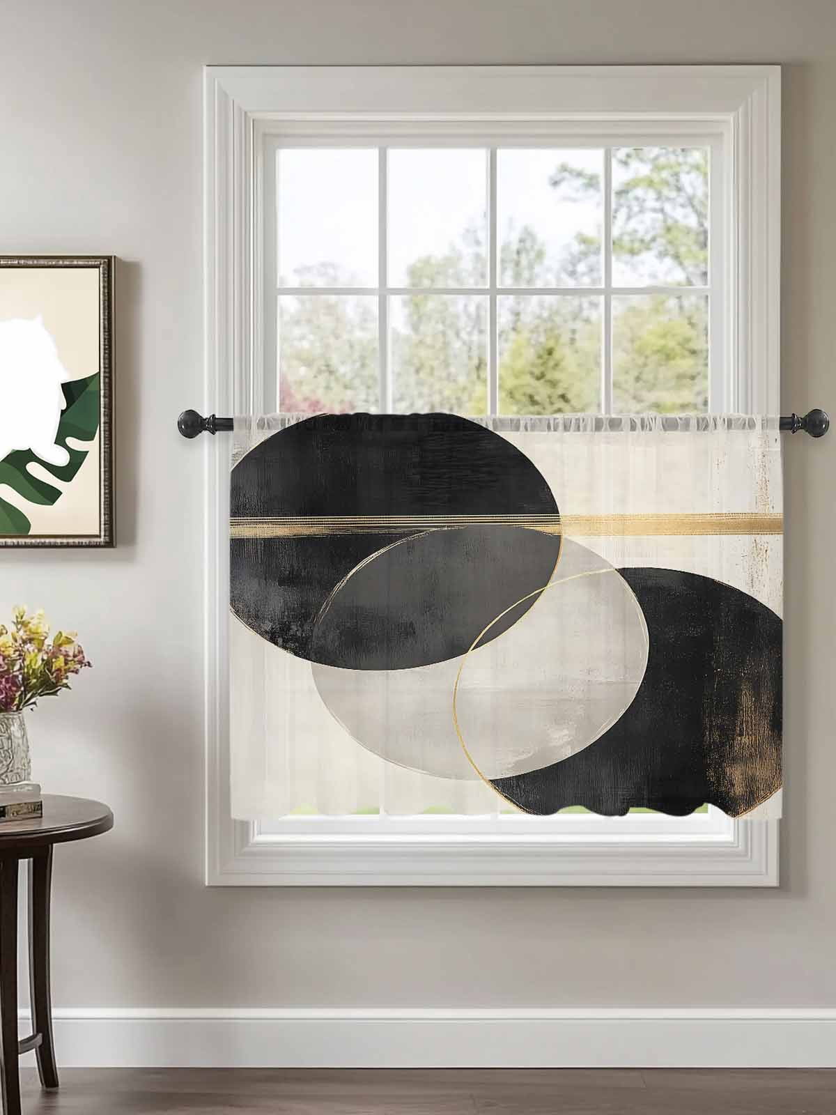 Abstract Art Sheer Curtains 54 Inch Long 1 Panel Black Gold Circle Moon ...